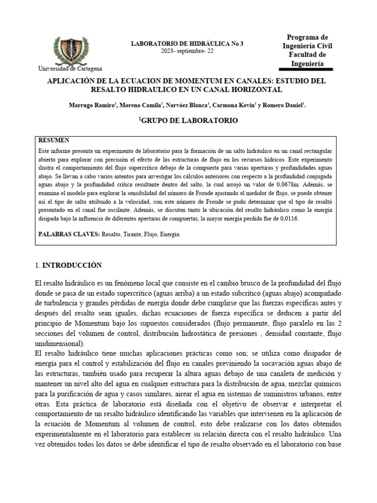INFORME #3 - Aplicacion de La Ecuacion de Momentum en Canales, Estudio Del Resalto Hidraulico en ...