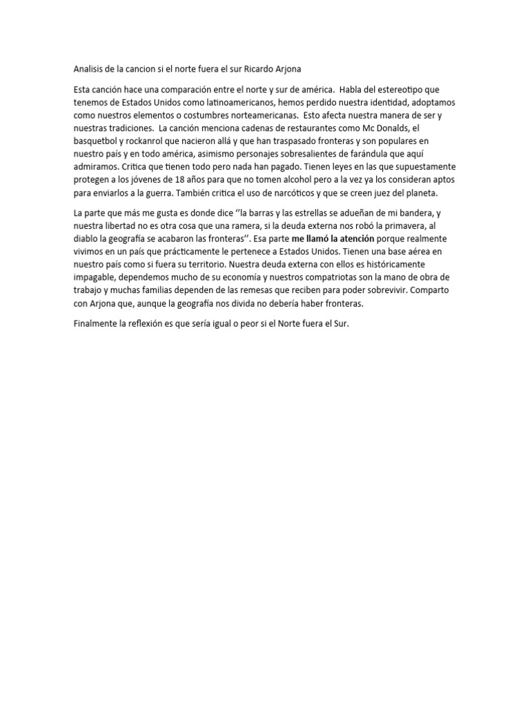 Analisis de La Cancion Si El Norte Fuera El Sur Ricardo Arjona | PDF