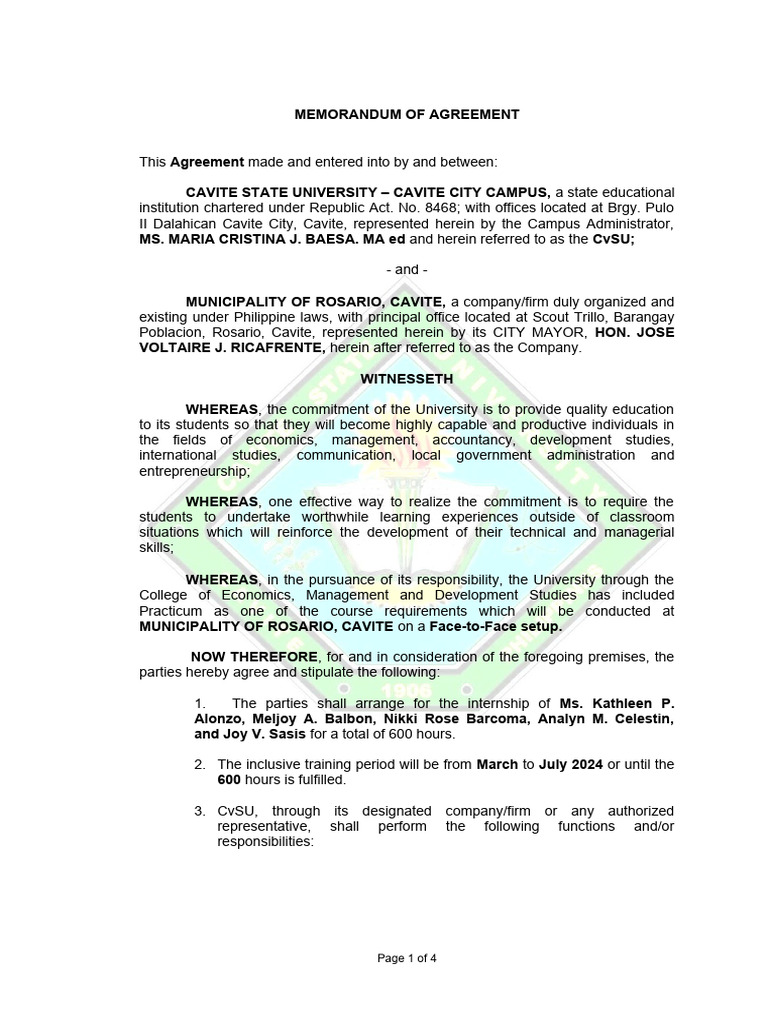 Internship MOA between CvSU and Rosario | PDF | Legal Liability ...