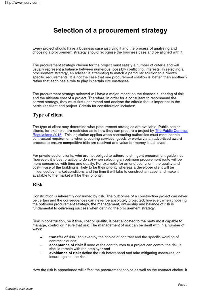 Selection of A Procurement Strategy | PDF | Procurement | Risk