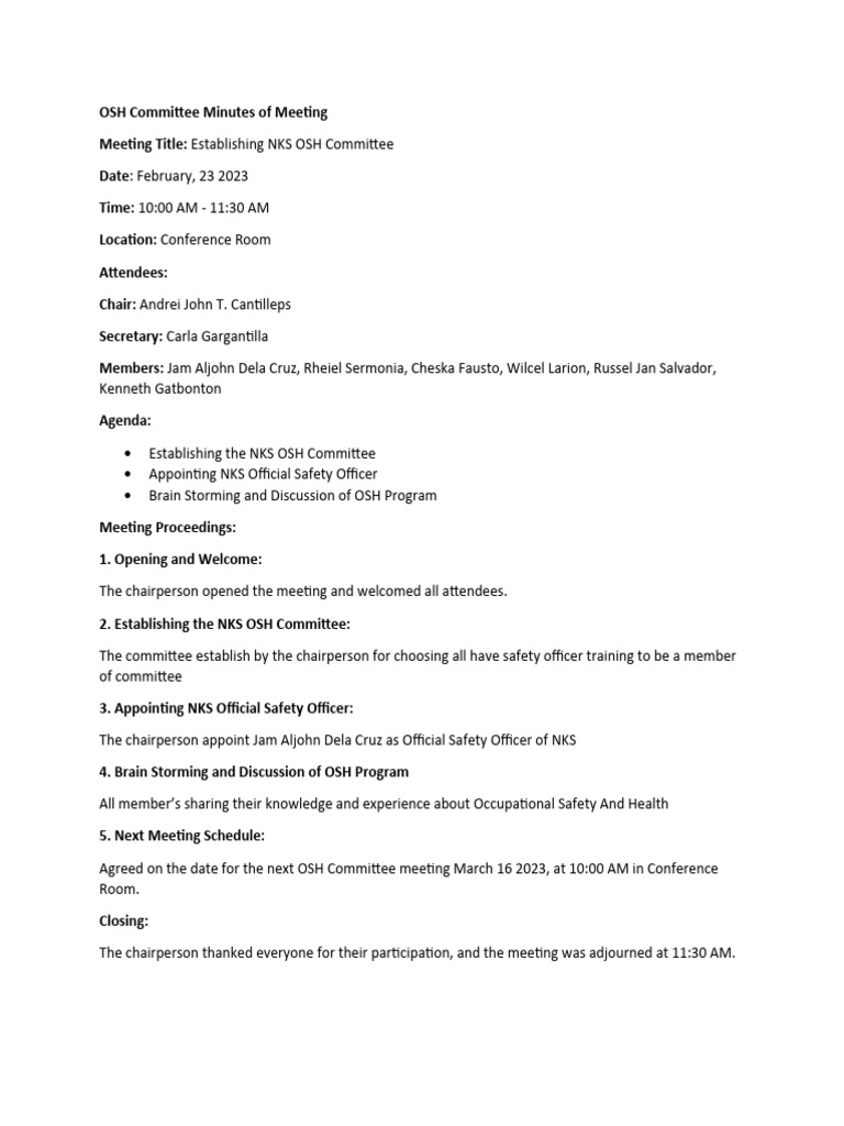 OSH Committee Minutes of Meeting 2 | PDF | Occupational Safety And ...