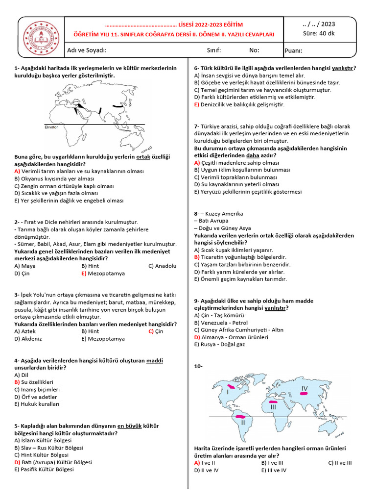 11 Sinif 2 Donem 2 Yazili Cevap Anahtari 2023 | PDF