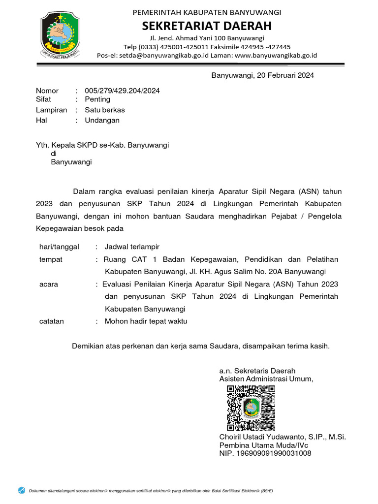 Undangan Evaluasi Penilaian Kinerja ASN THN 2023 Dan Penyusunan SKP Tahun 2024 | PDF