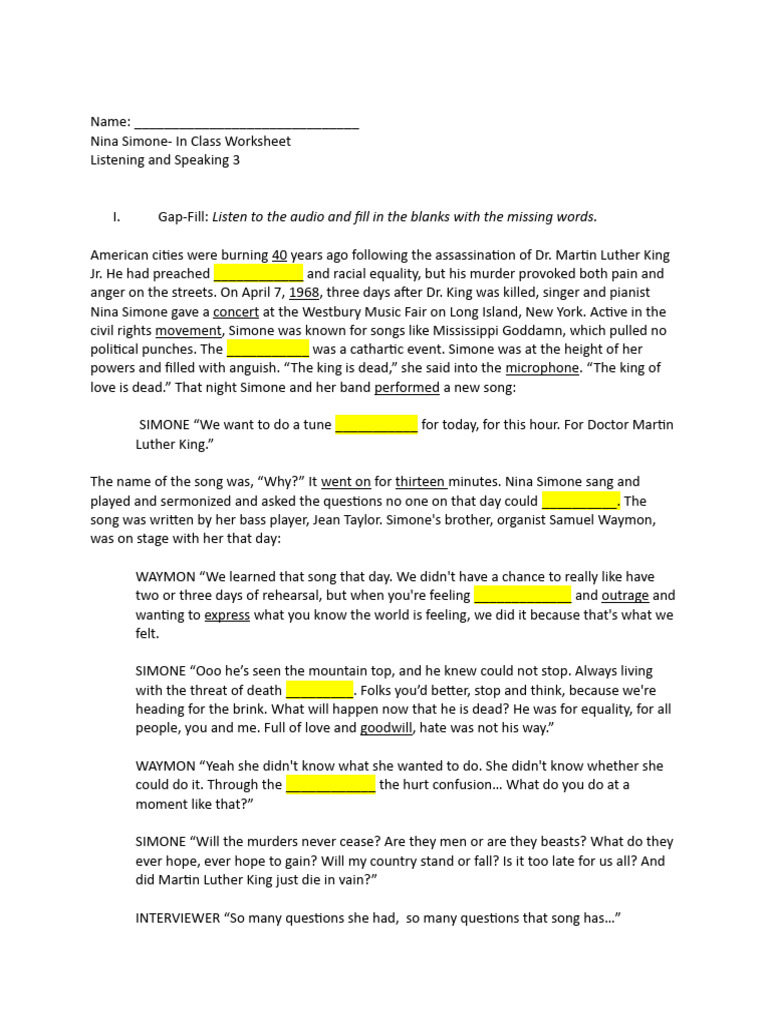 Nina Simone In-Class Worksheet | PDF | Martin Luther King Jr. | Stress ...