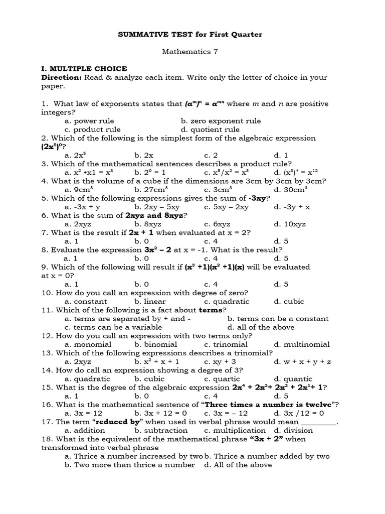 First Quarter Summative Test in Math 7 | PDF | Litre | Algebra