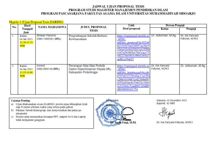 Jadwal Ujian Sempro Jan 2024 | PDF