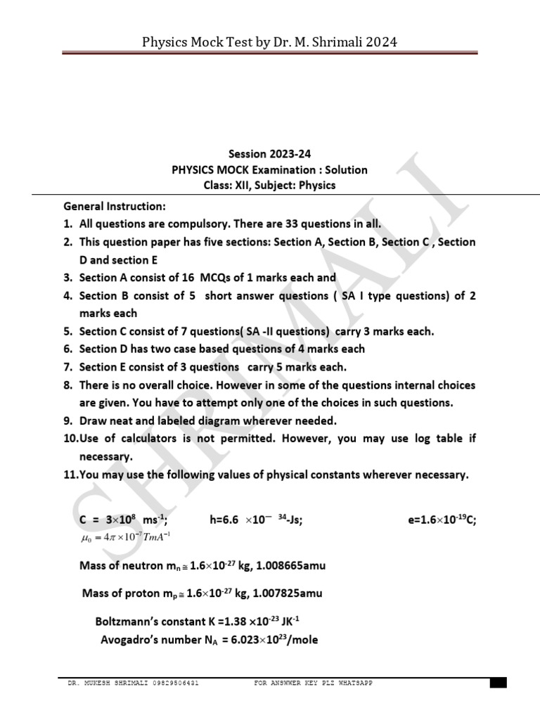 CBSE Mock Physics Paper 2024 New Solution | PDF