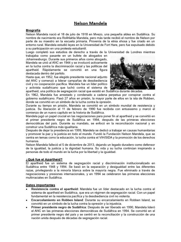 Biografía de Nelson Mandela: Lucha y Legado | PDF | Nelson Mandela ...