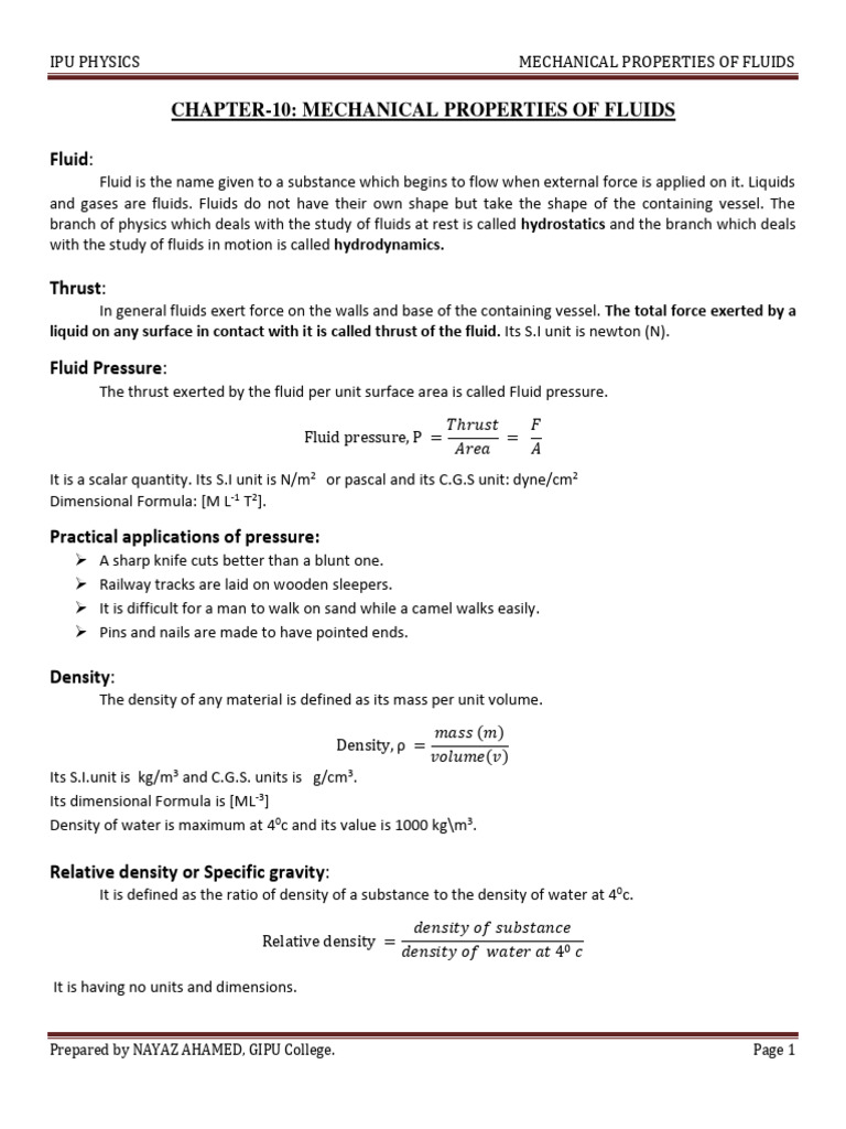 10-Mechanical Properties of Fluids | PDF | Fluid Dynamics | Pressure