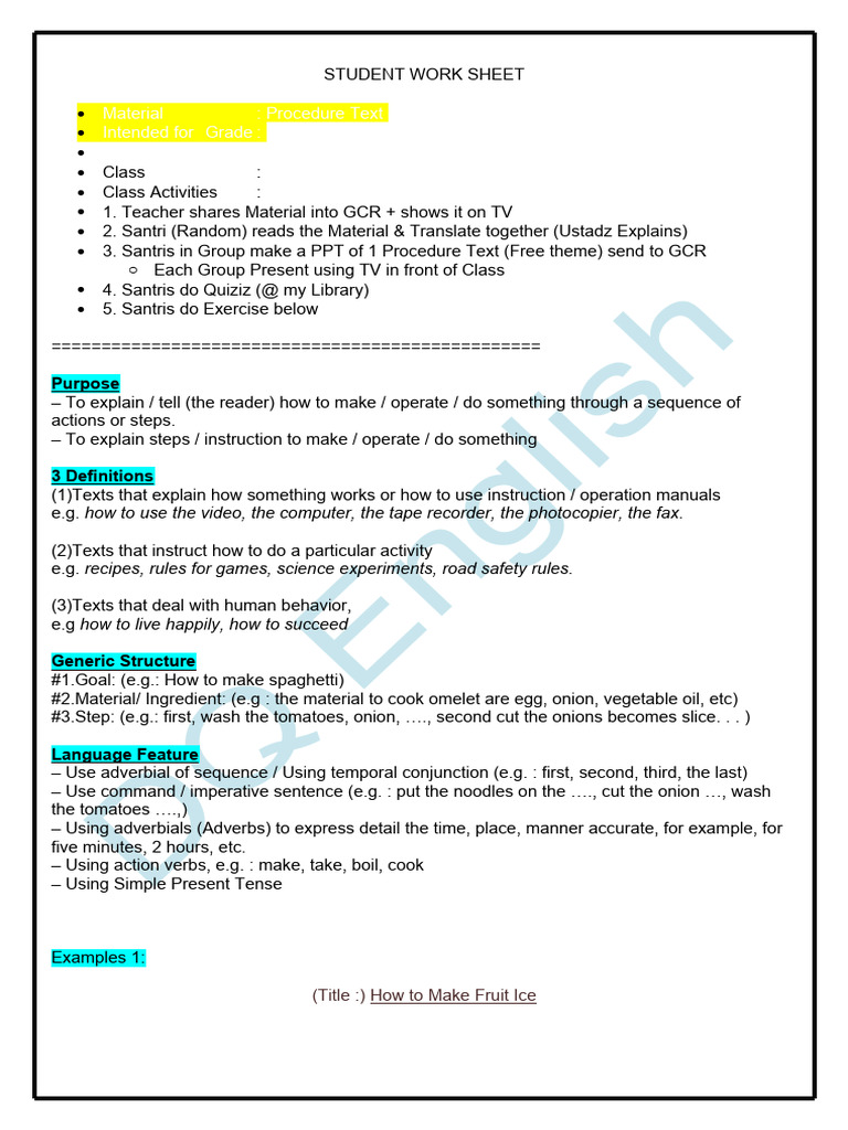 Procedure Text - Grade Xi&Xii | PDF | Cooking, Food & Wine | Home & Garden