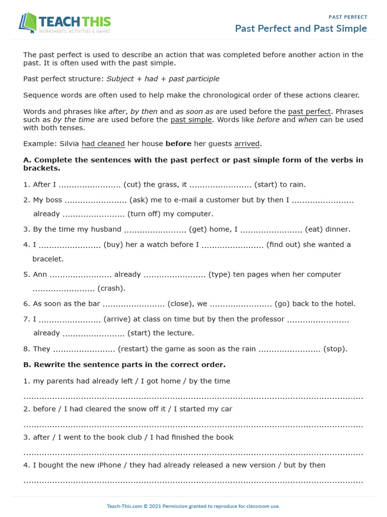Past Perfect and Past Simple Worksheet 2 3 | PDF | Perfect (Grammar ...