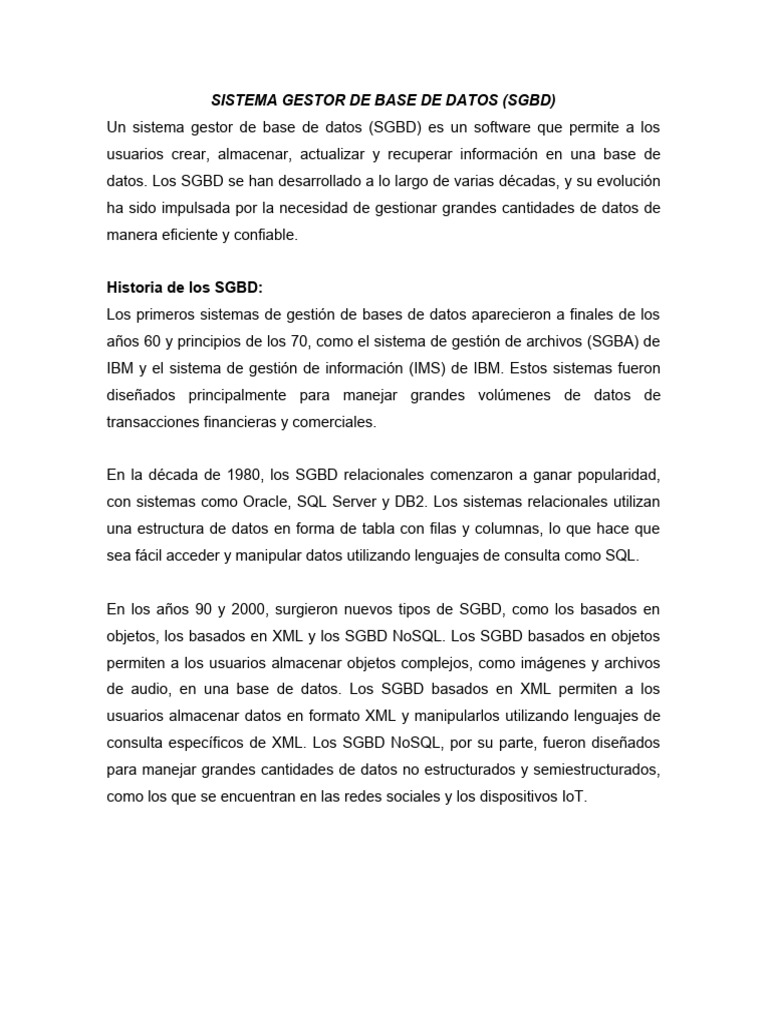 Sistema Gestor de Base de Datos | PDF | Bases de datos | No Sql