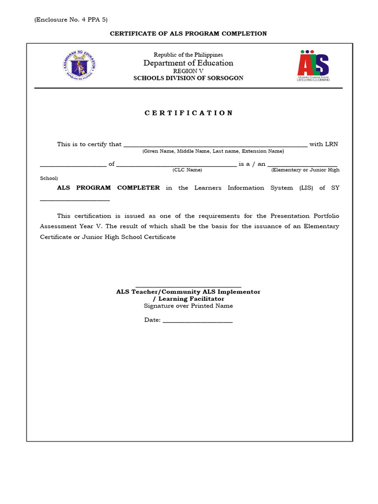 ALS Program Completion Certificate | PDF