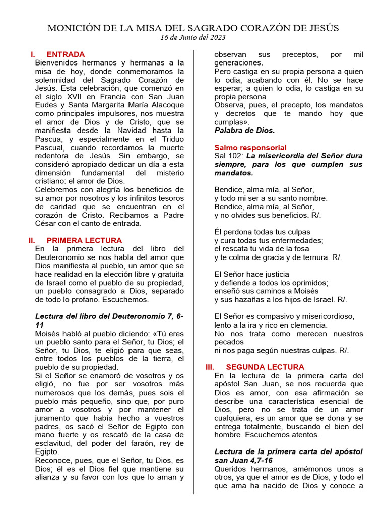 Monición de La Misa Del Sagrado Corazón de Jesús | PDF | Misa (liturgia) | Amor