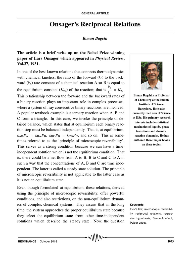Onsager's Reciprocal Relations: Biman Bagchi | PDF