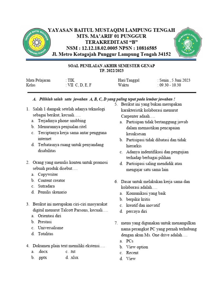 Soal TIK Semester Genap Kelas VII | PDF