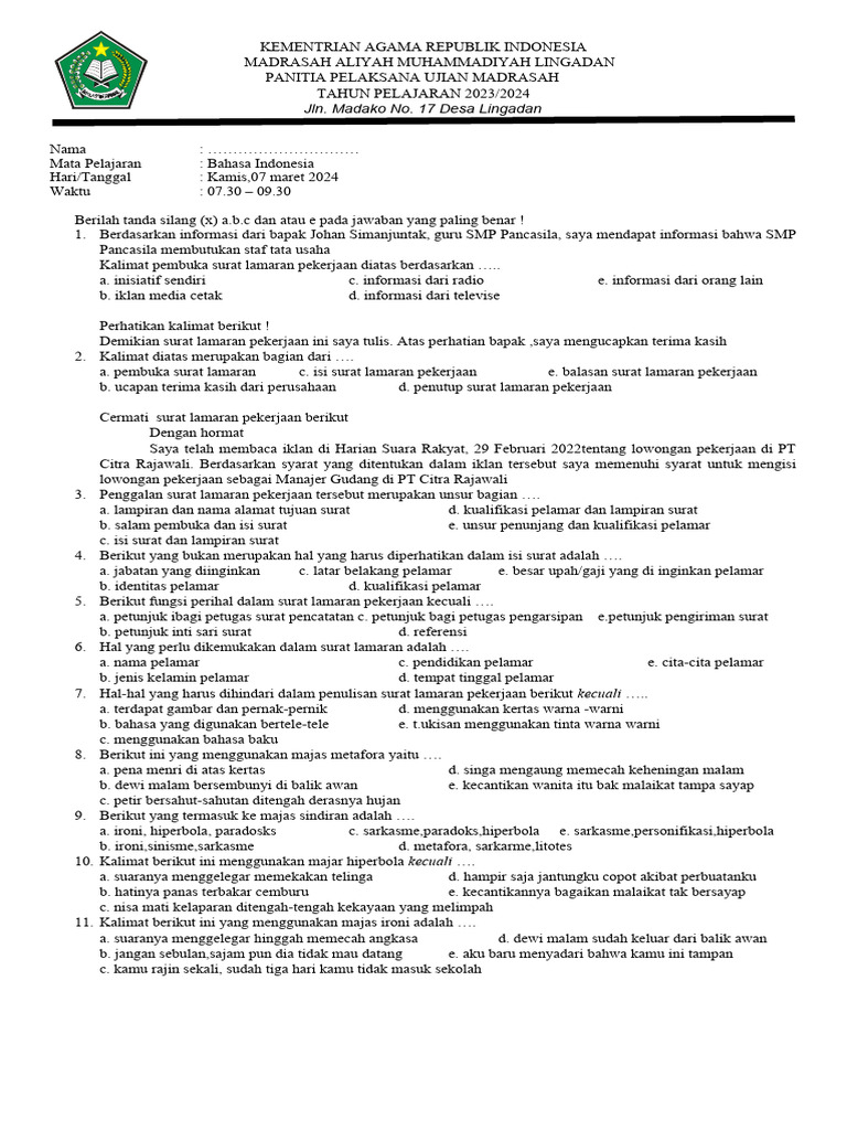 Soal Asessmen Bhs Indo 2024 | PDF