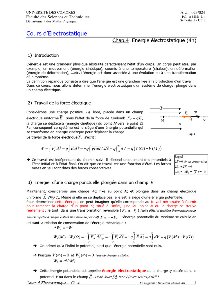 Energie électrostatique en électrostatique | PDF | Électrostatique ...