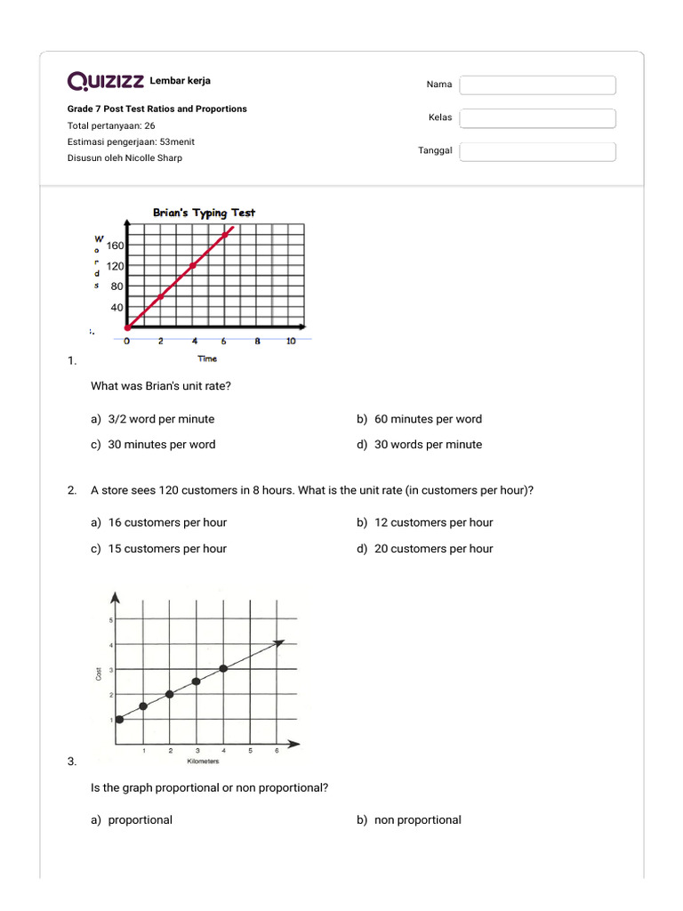 Grade 7 Ratios and Proportions Test | PDF | Ratio | Quantity