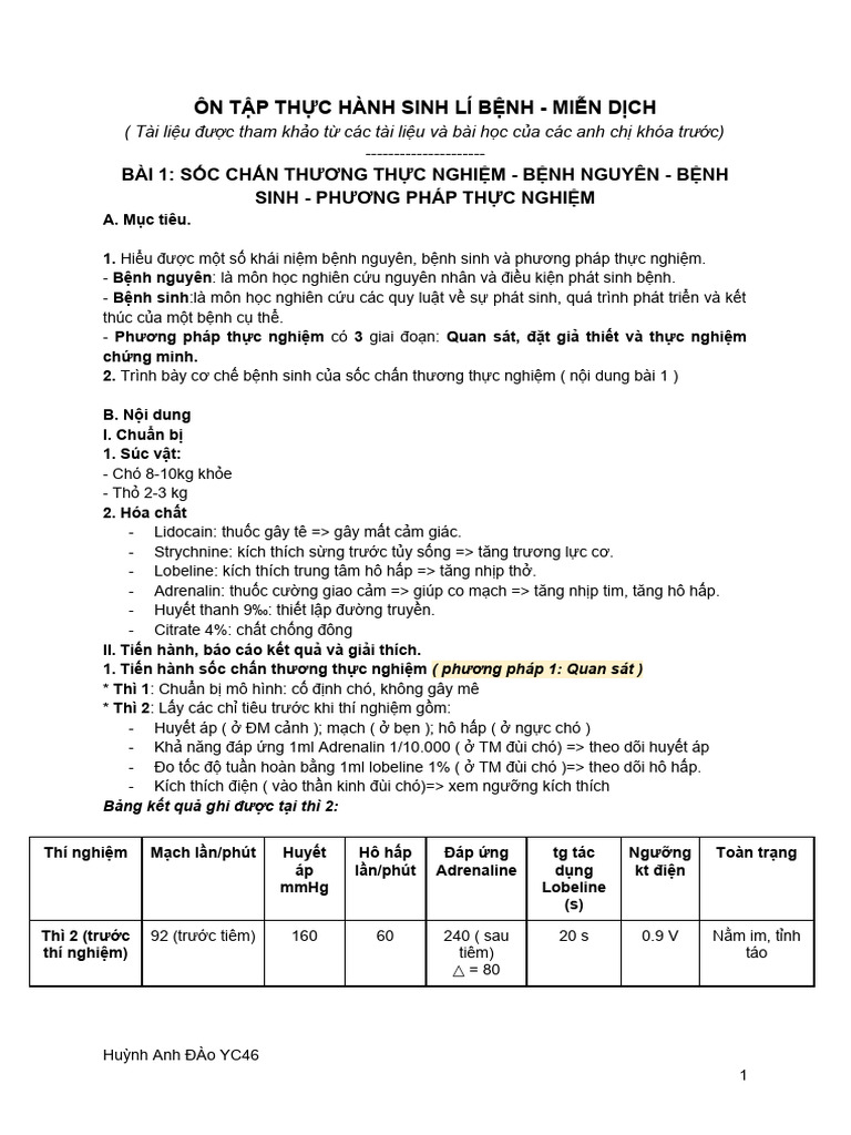 Ôn Tập Thực Hành Sinh Lí Bệnh - Miễn Dịch - Anh Đào Yc46 | PDF