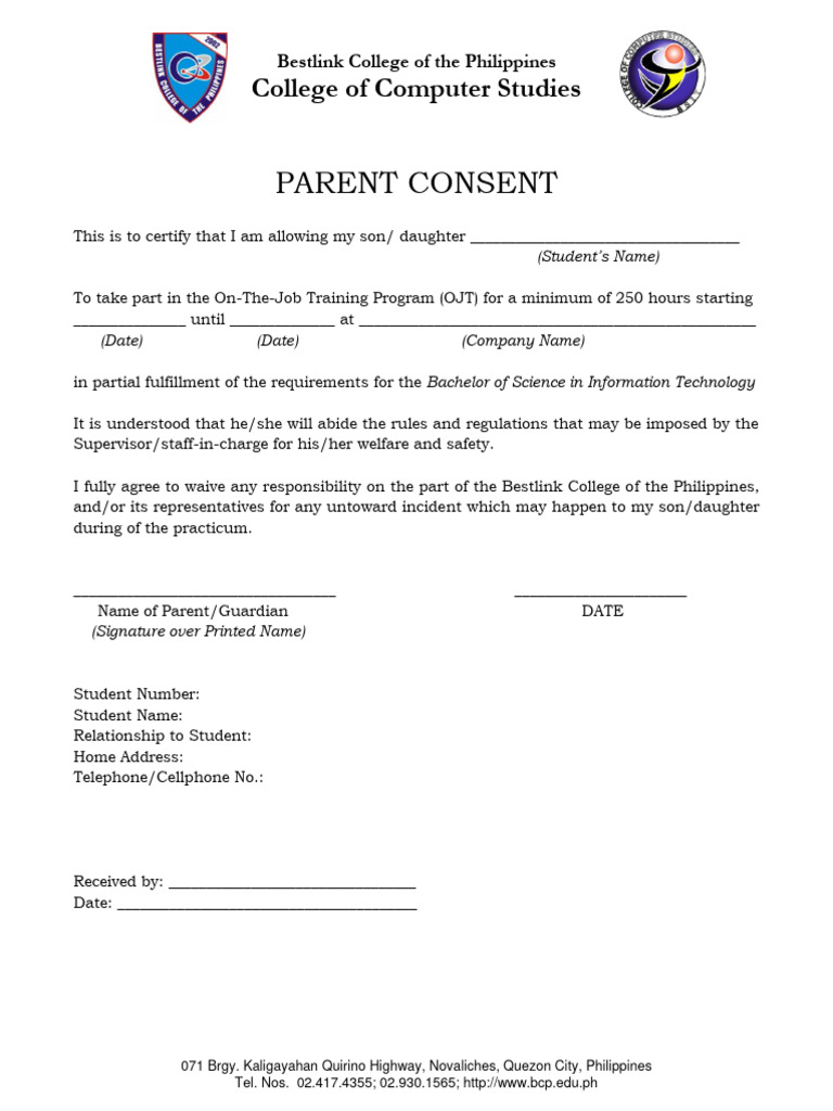Ojt Template Recommendation Letter Acceptance Letter and Parent Consent ...