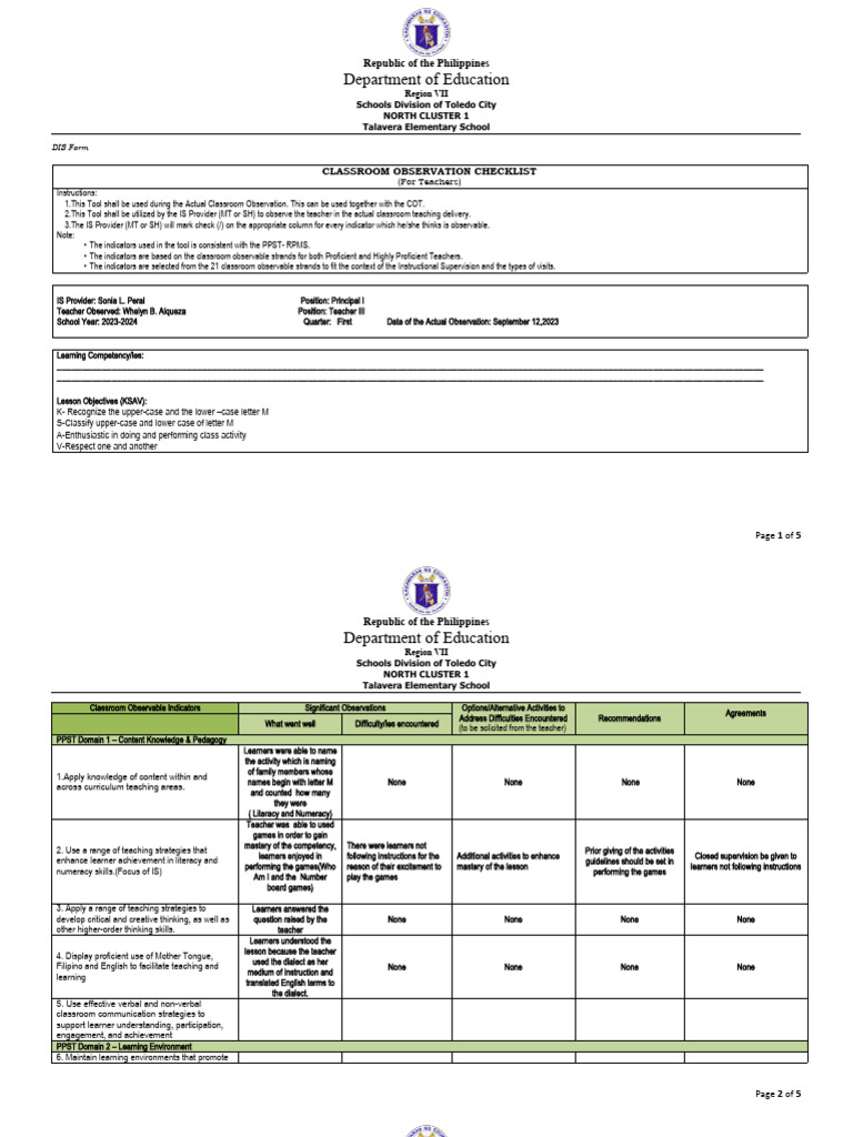 Alqueza Dis Form 4 | PDF | Learning | Teachers