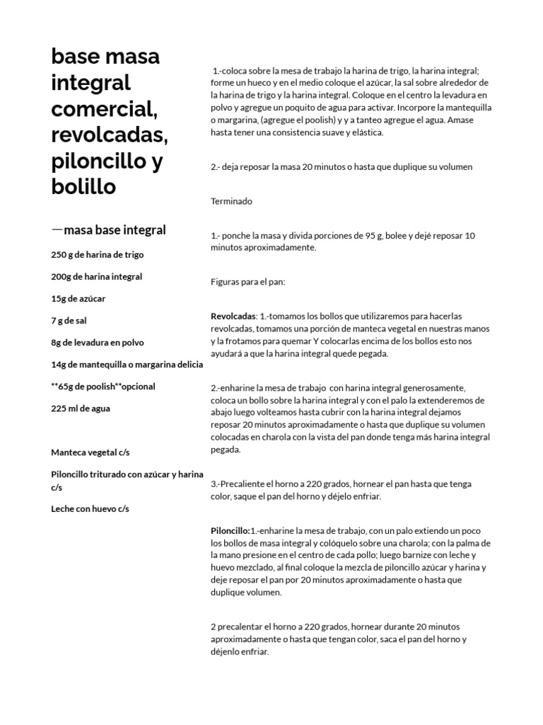 Base Masa Integral Comercial, Revolcadas, Piloncillo y Bolillo | PDF ...