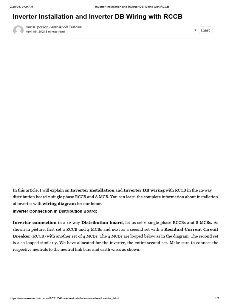 Inverter Installation and Inverter DB Wiring With RCCB | PDF ...