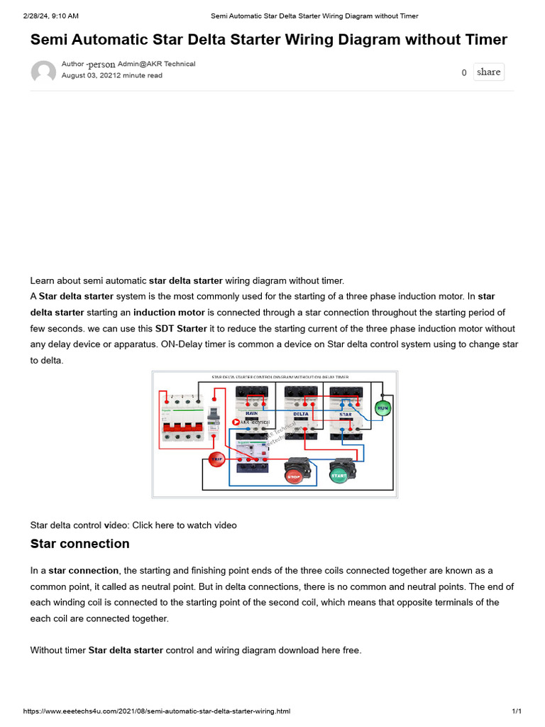 Semi Automatic Star Delta Starter Wiring Diagram Without Timer | PDF