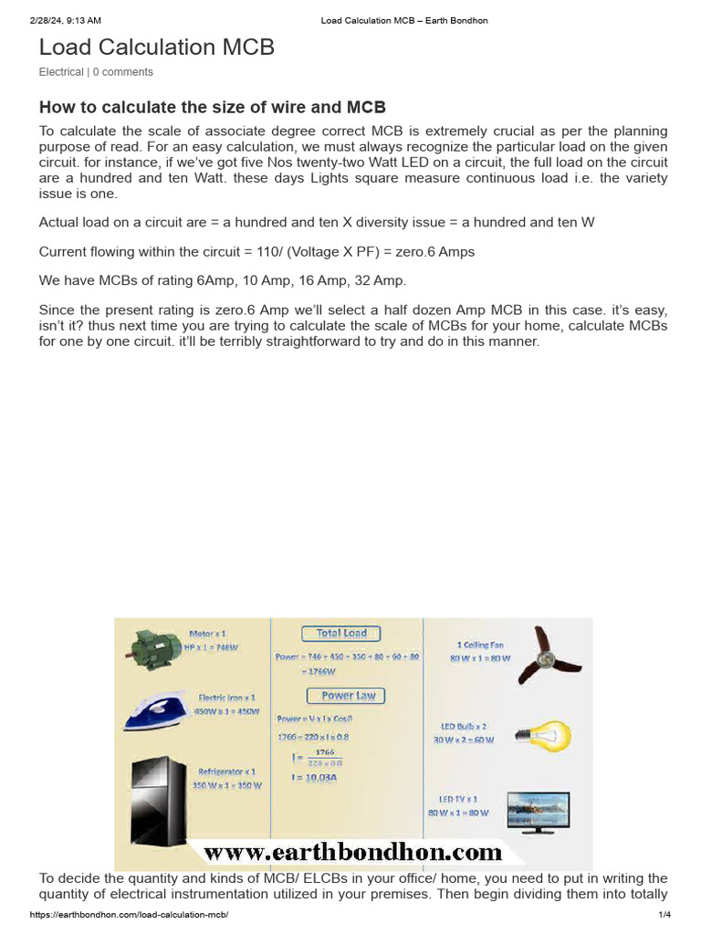 Load Calculation MCB - Earth Bondhon | PDF | Transformer | Physical ...