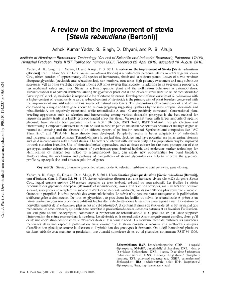 Yadav Et Al 2011 A Review On The Improvement of Stevia Stevia Rebaudiana (Bertoni) | PDF | Sugar ...