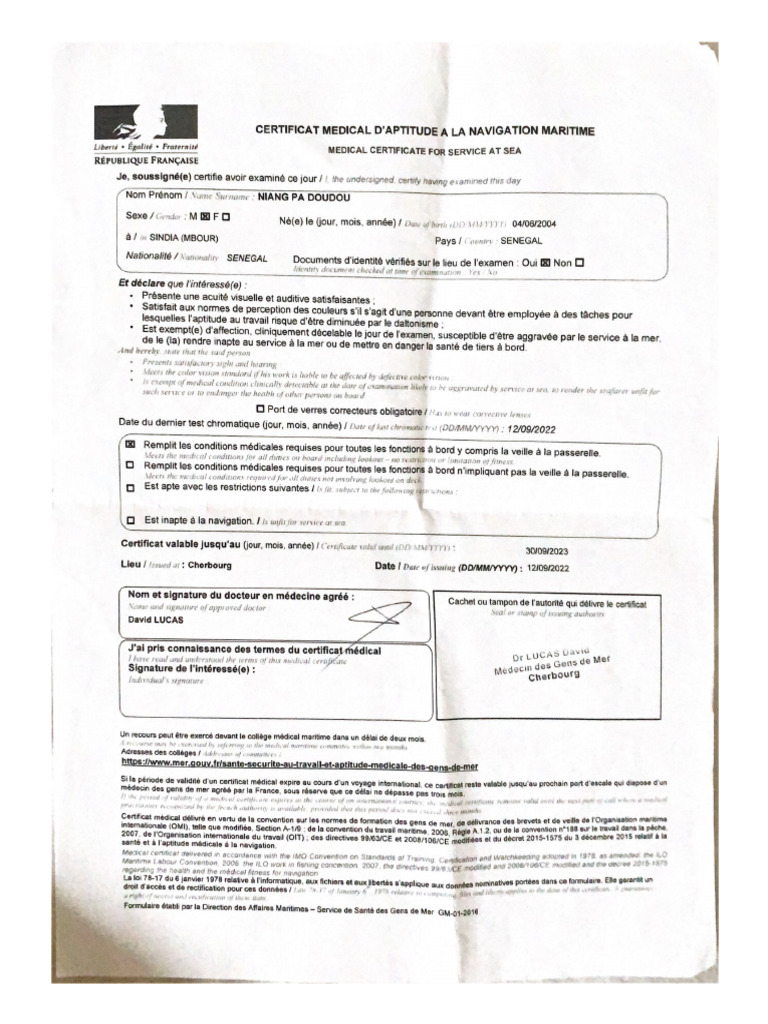 Certificat Medical D'aptitude A La Navigation Maritime | PDF