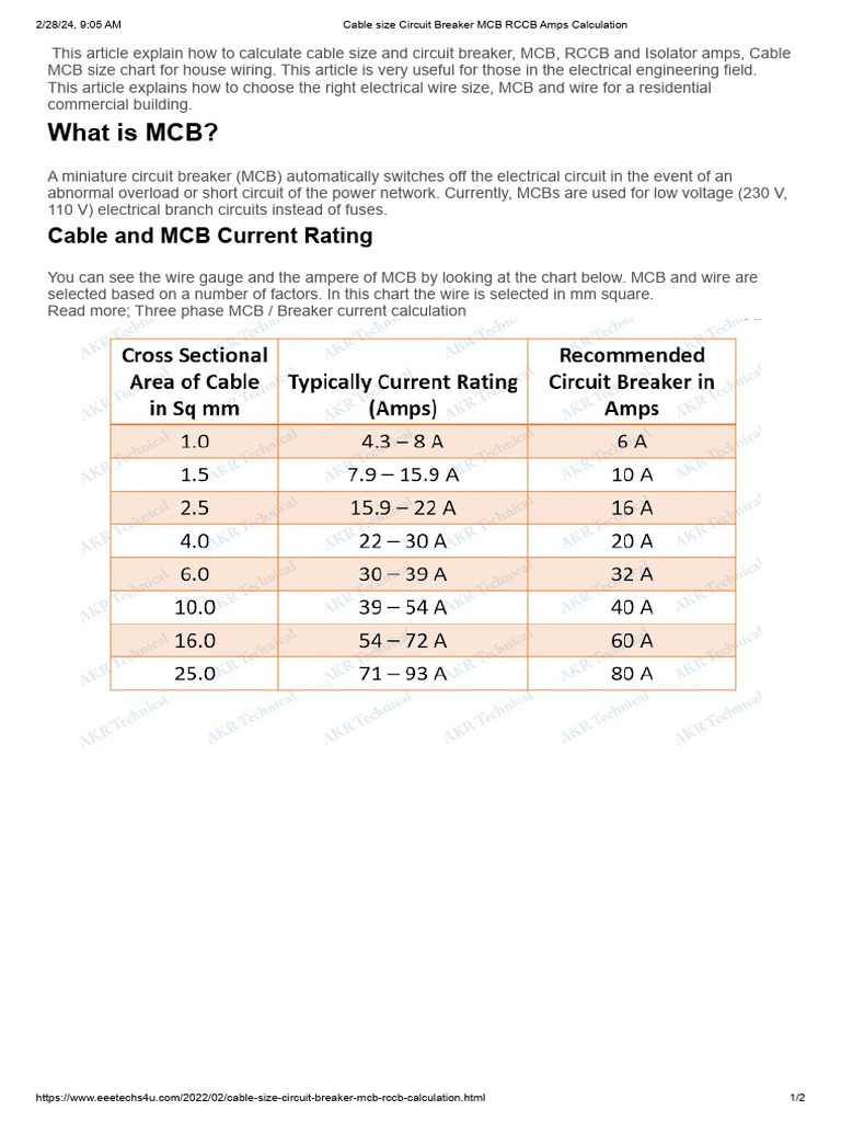 Cable Size Circuit Breaker MCB RCCB Amps Calculation | PDF | Computers