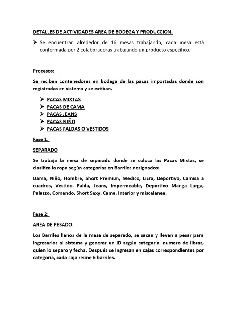 Detalles de Actividades Area de Bodega y Produccion | PDF