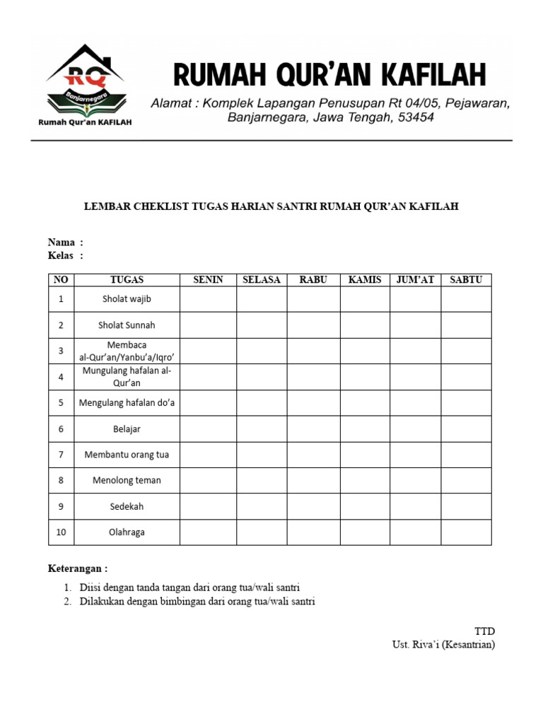 Checklist Tugas Harian Santri | PDF
