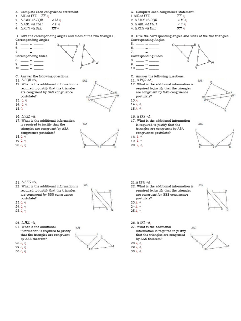 Triangle Congruence Quiz Worksheet | PDF