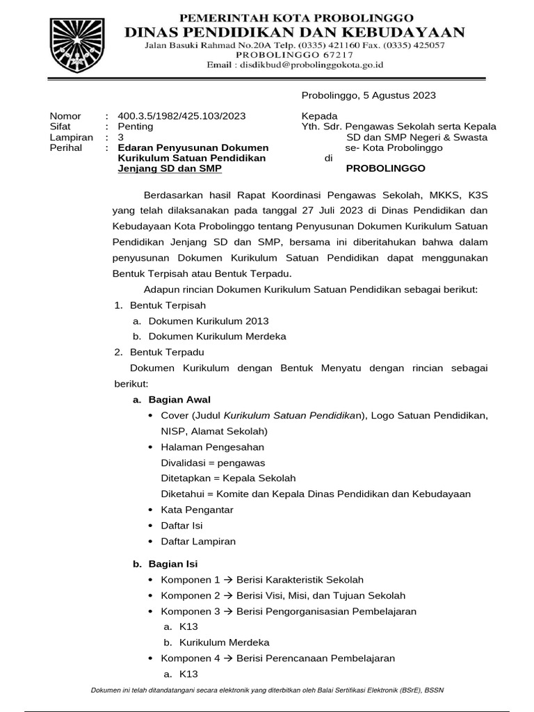 Edaran Penyusunan Dokumen Kurikulum Satuan Pendidikan Jenjang SD Dan ...