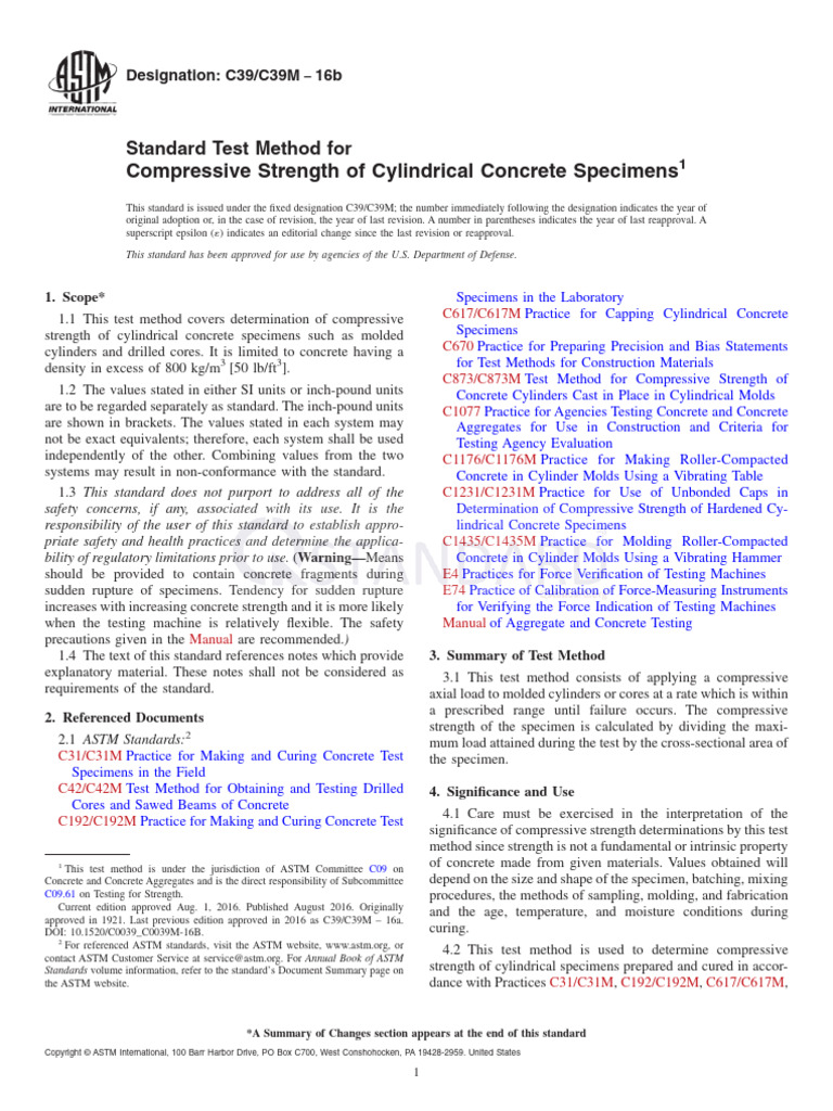 Compressive Strength of Cylindrical Concrete Specimens: Standard Test ...