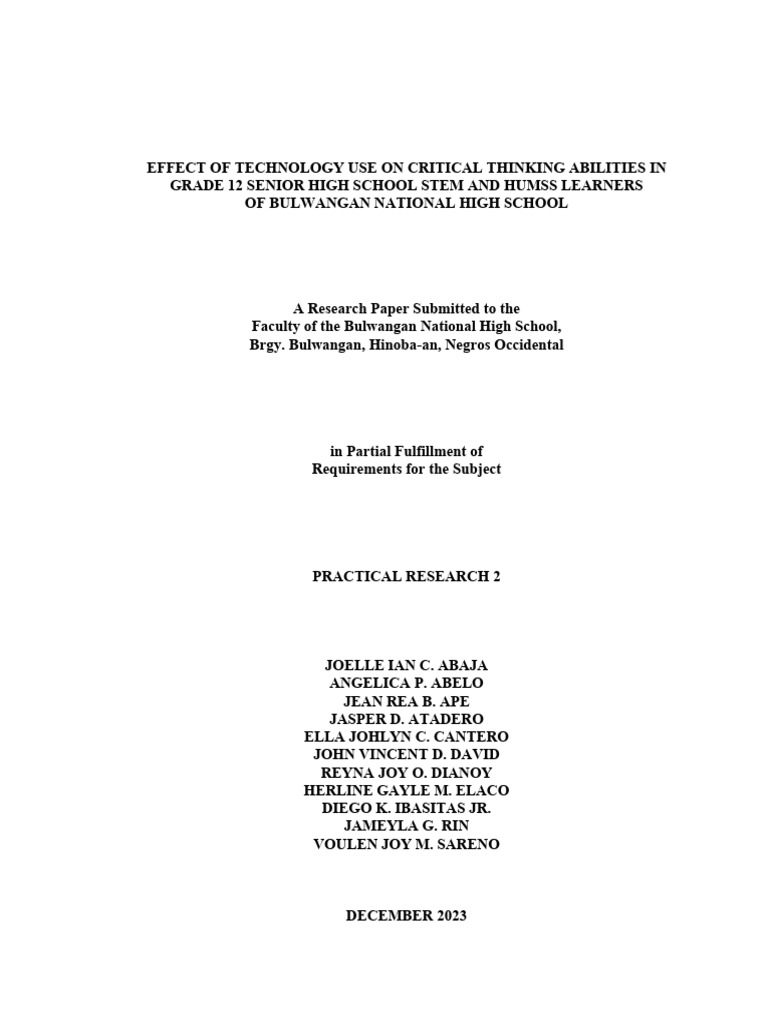 Effect of Technology Use On Critical Thinking Abilities in Grade 12 Senior High School Stem and ...