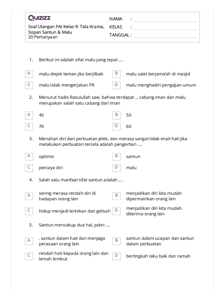 Soal Ulangan PAI Kelas 9_ Tata Krama, Sopan Santun & Malu | PDF