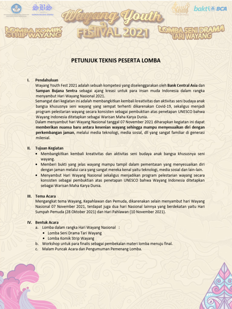 Lomba Seni Drama Tari Wayang Petunjuk Teknis Dan Ketentuan Lomba | PDF | Seni