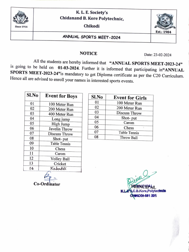 Annual Sports Meet 2023-24 Notice For Students | PDF | Sports | Olympic ...