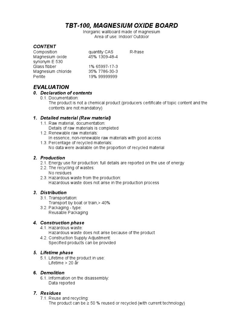 TBT-100, MAGNESIUM OXIDE BOARD: An Evaluation of the Technical ...