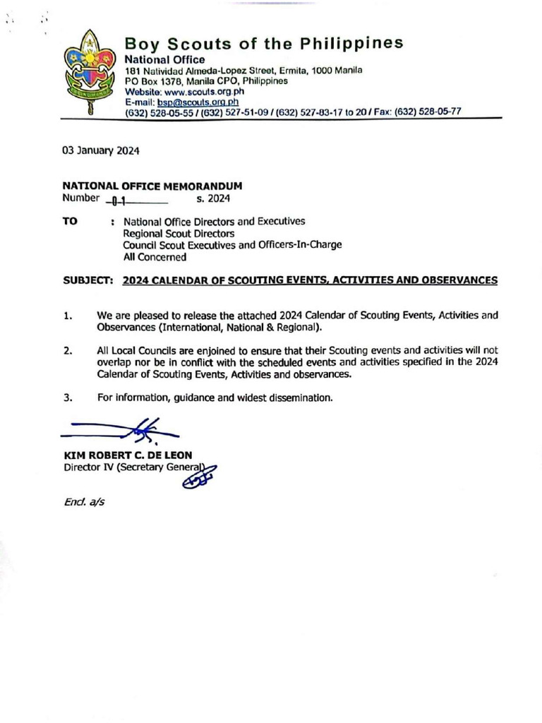 BSP NO Memorandum No. 1 s.2024 2024 Calendar of Scouting Events ...