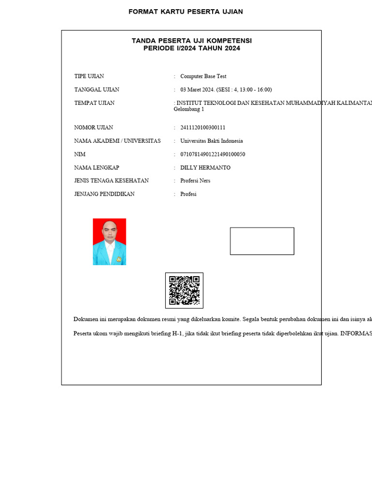 Kartu Ujian UKOM 2024 Gelombang 1 | PDF
