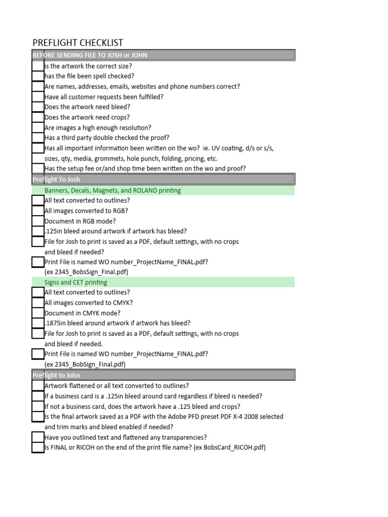 Preflight Checklist for Printing | PDF