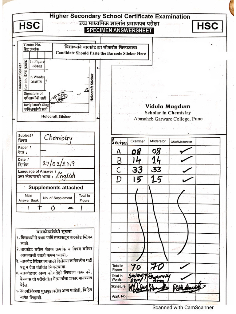 Chemistry Topper Answer Sheet | PDF