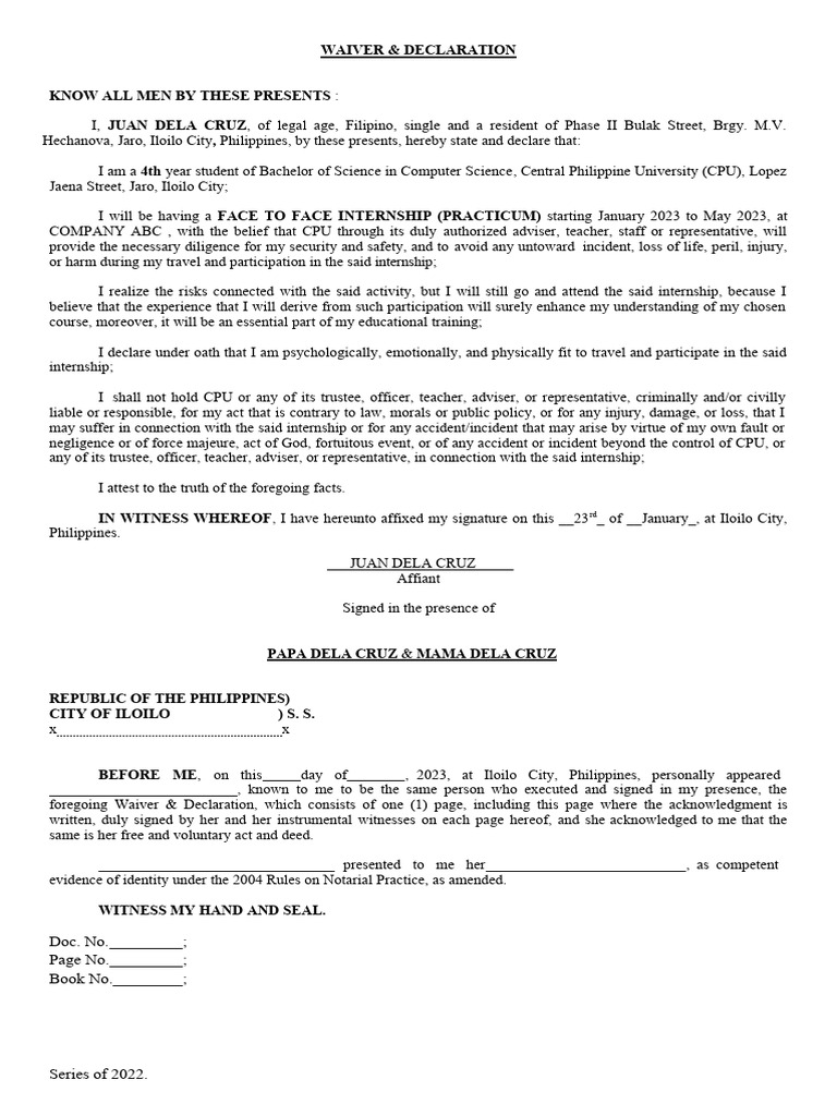 Sample Filled Out Waiver of Declaration | PDF