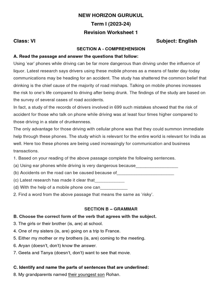 Class VI English Revision Worksheet | PDF