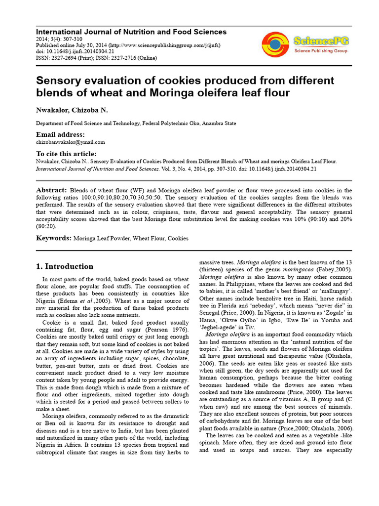 Sensory Evaluation of Cookies Produced From Blends of Wheat and Moringa Oleifera Leaf Flour ...